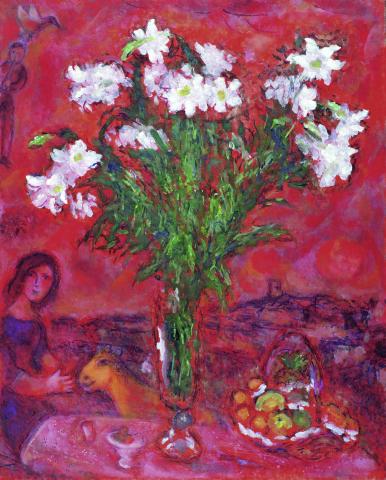 White Bouquet on Red Background (1975) | Marc Chagall