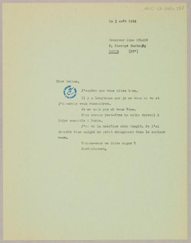 Copy of a letter from Marc Chagall à Lino MELANO (1964)