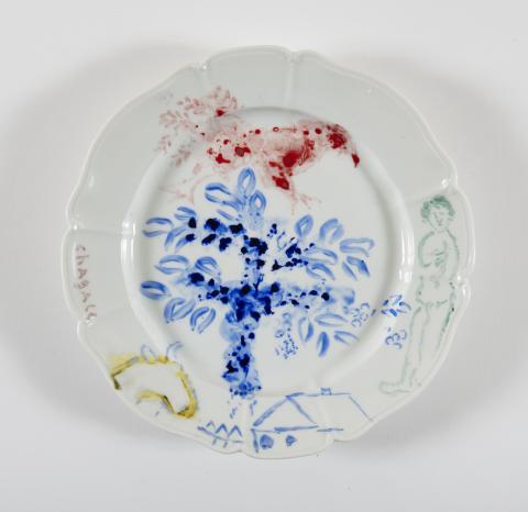 Red Rooster on Blue Tree, Ceramic by Marc Chagall (1959)