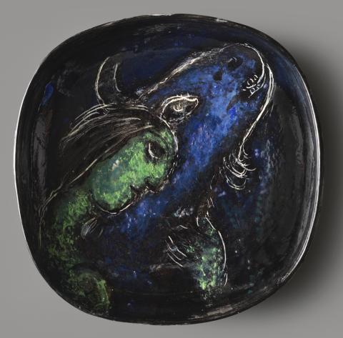 Woman and Donkey in the Dark, Ceramic by Marc Chagall (1953)