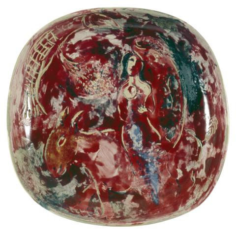 Red Plate or Couple and Donkey, Ceramic by Marc Chagall (1953)