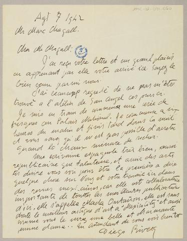 Letter from Diego Rivera (Mexico) à Marc CHAGALL (1942)