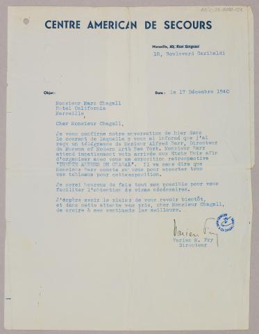 Letter from Varian Fry, Emergency Rescue Committee (Marseille) à Marc ...