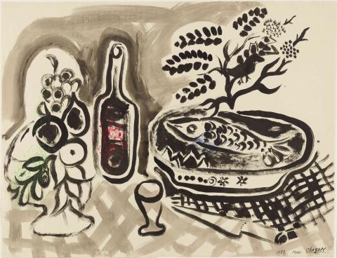 Still Life with Fish and Bottle of Wine, Works on paper by Marc Chagall ...