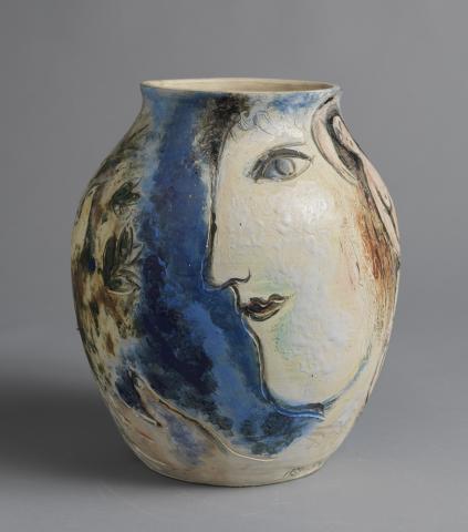 Profile and Nude or Paradise Blue Vase, Ceramic by Marc Chagall (1953)