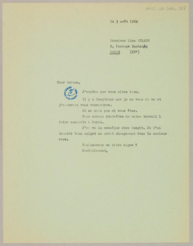 Copy of a letter from Marc Chagall à Lino MELANO (1964)