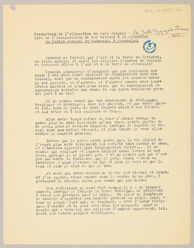 Inaugural speech by Marc Chagall for the stained glass windows in the ...