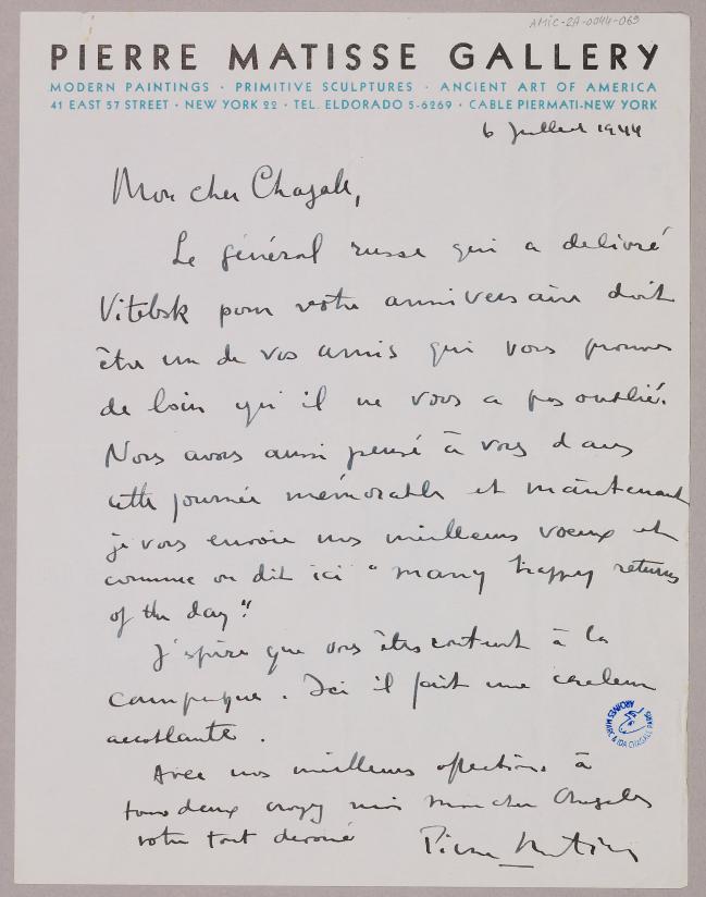 Letter from Pierre Matisse (New York) (1944) | Marc Chagall